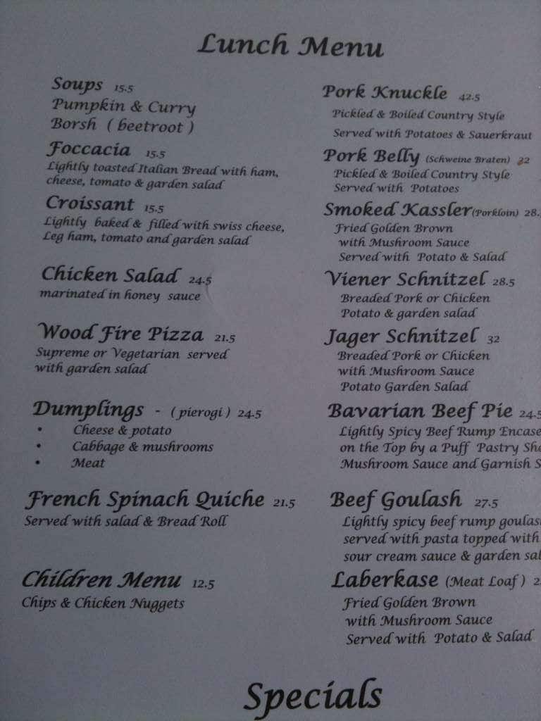 Menu at Bavarian Grill Haus & Red Baron Brewery, Australia