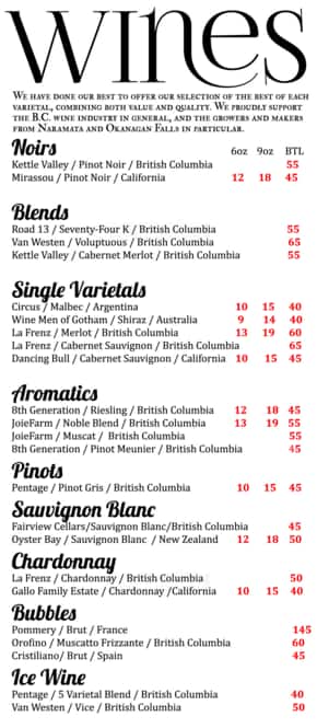 Menu au The District restaurant, North Vancouver