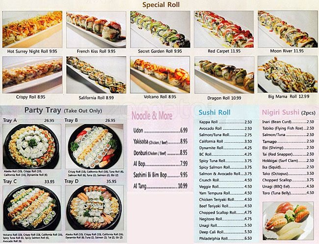 Menu at Sushi Train restaurant, Surrey