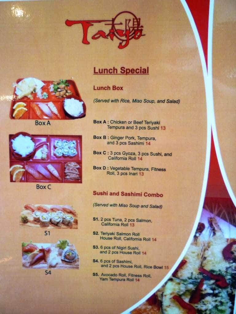 Menu at Taiyo restaurant, Calgary