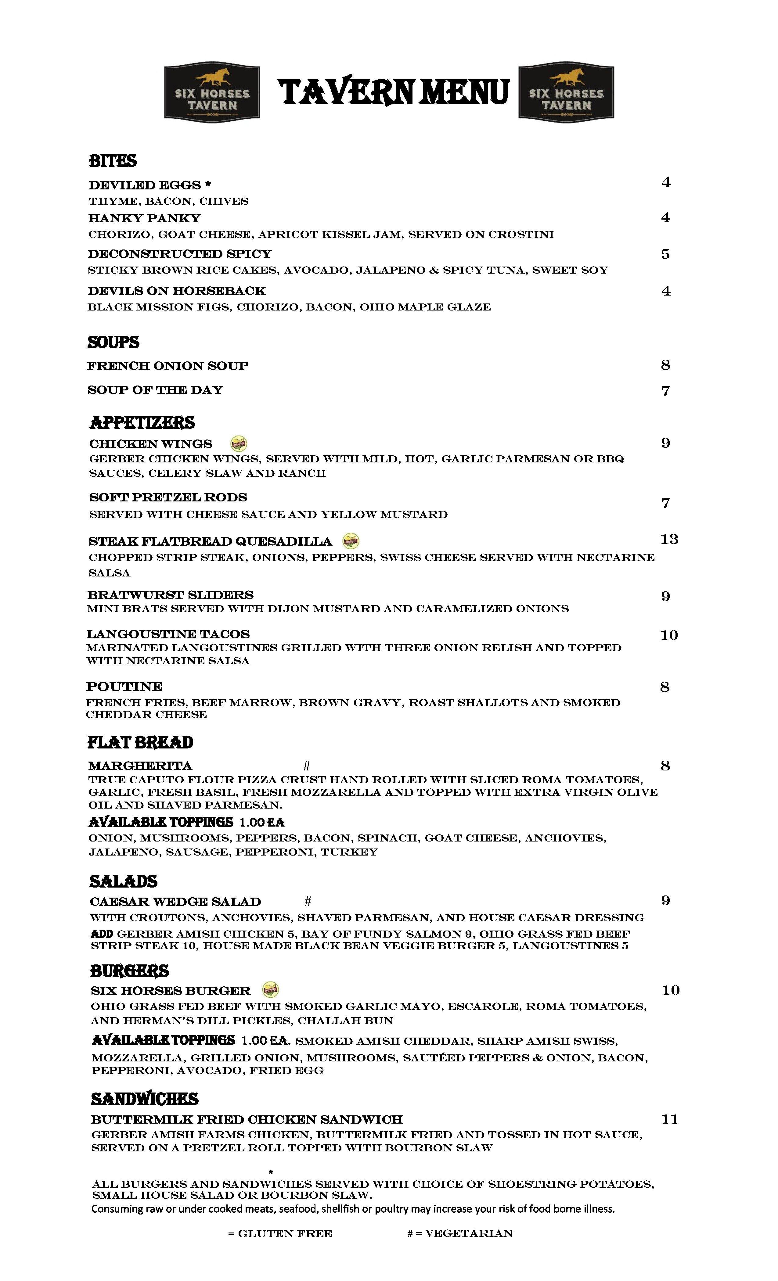 Menu at Six Horses Tavern pub & bar, Aurora