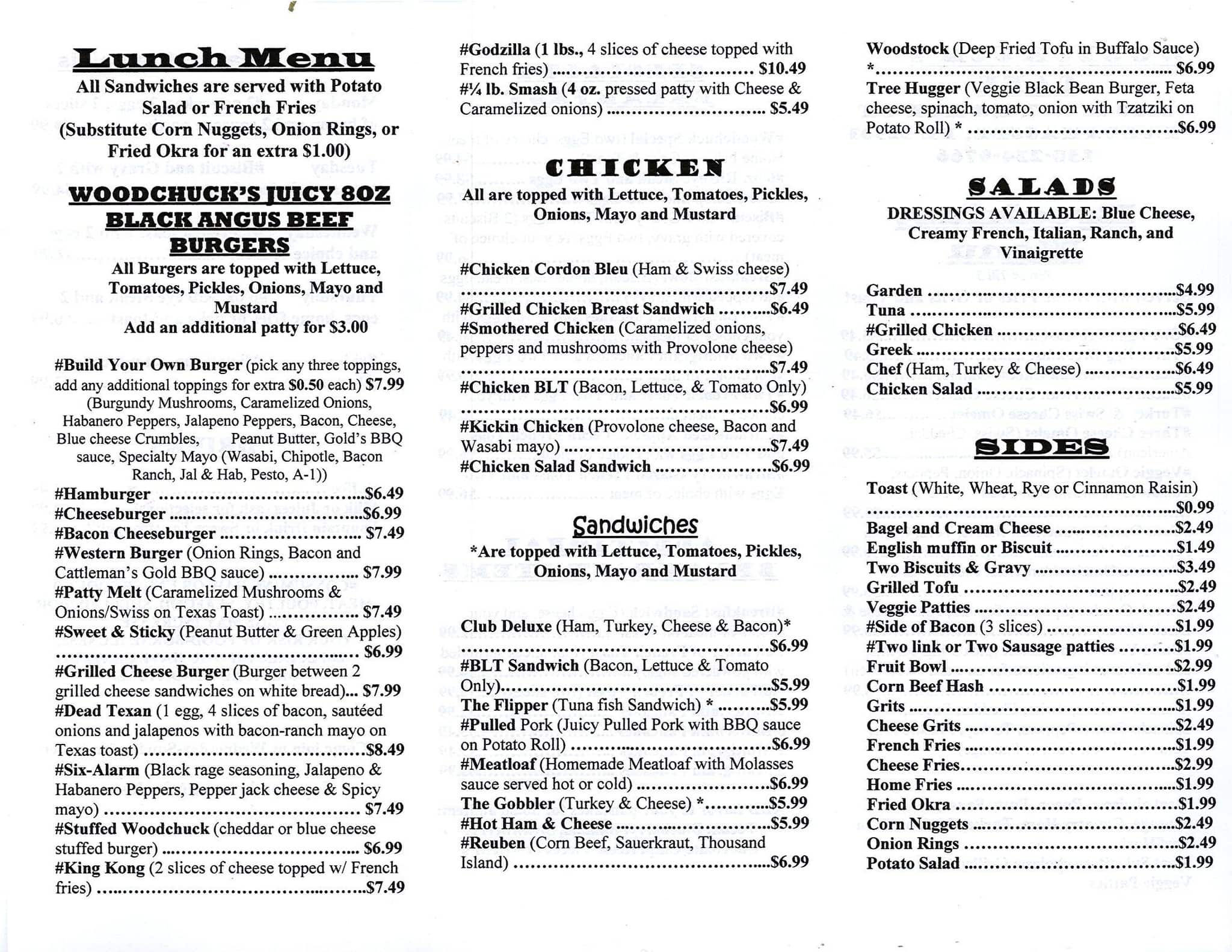 Menu At Woodchucks Cafe Inc Tallahassee