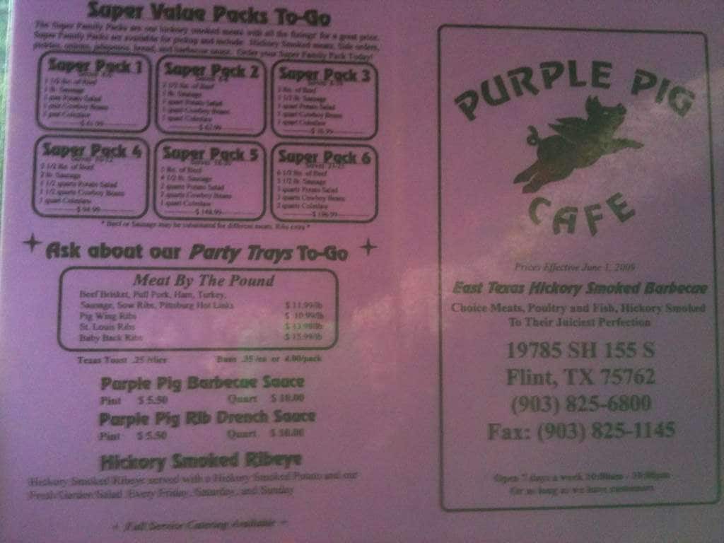 Menu at Purple Pig Cafe, Noonday, TX-155