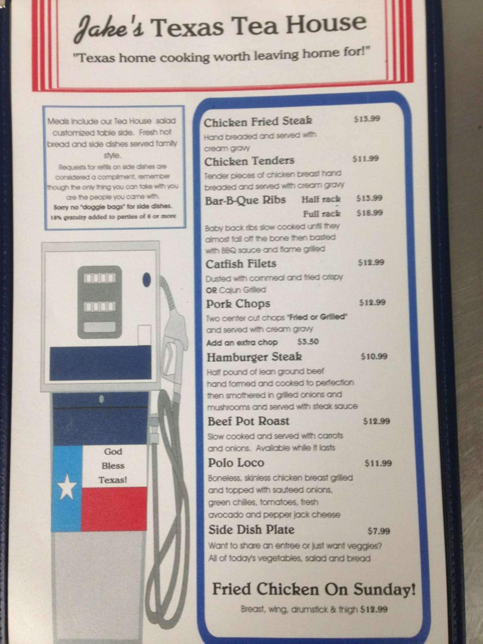 Menu at Jake's Texas Tea House restaurant, Waco