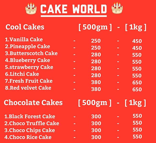 Menu of Cake World, Gachibowli, Hyderabad