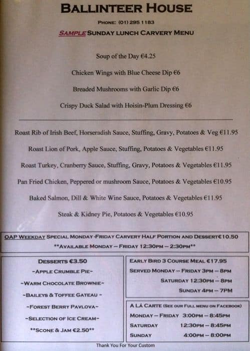 Menu at Ballinteer House pub & bar, Dublin, SuperValu Shopping Centre