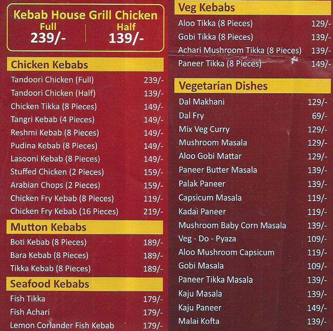 Menu at Kebab House, Hyderabad, Jabber Building