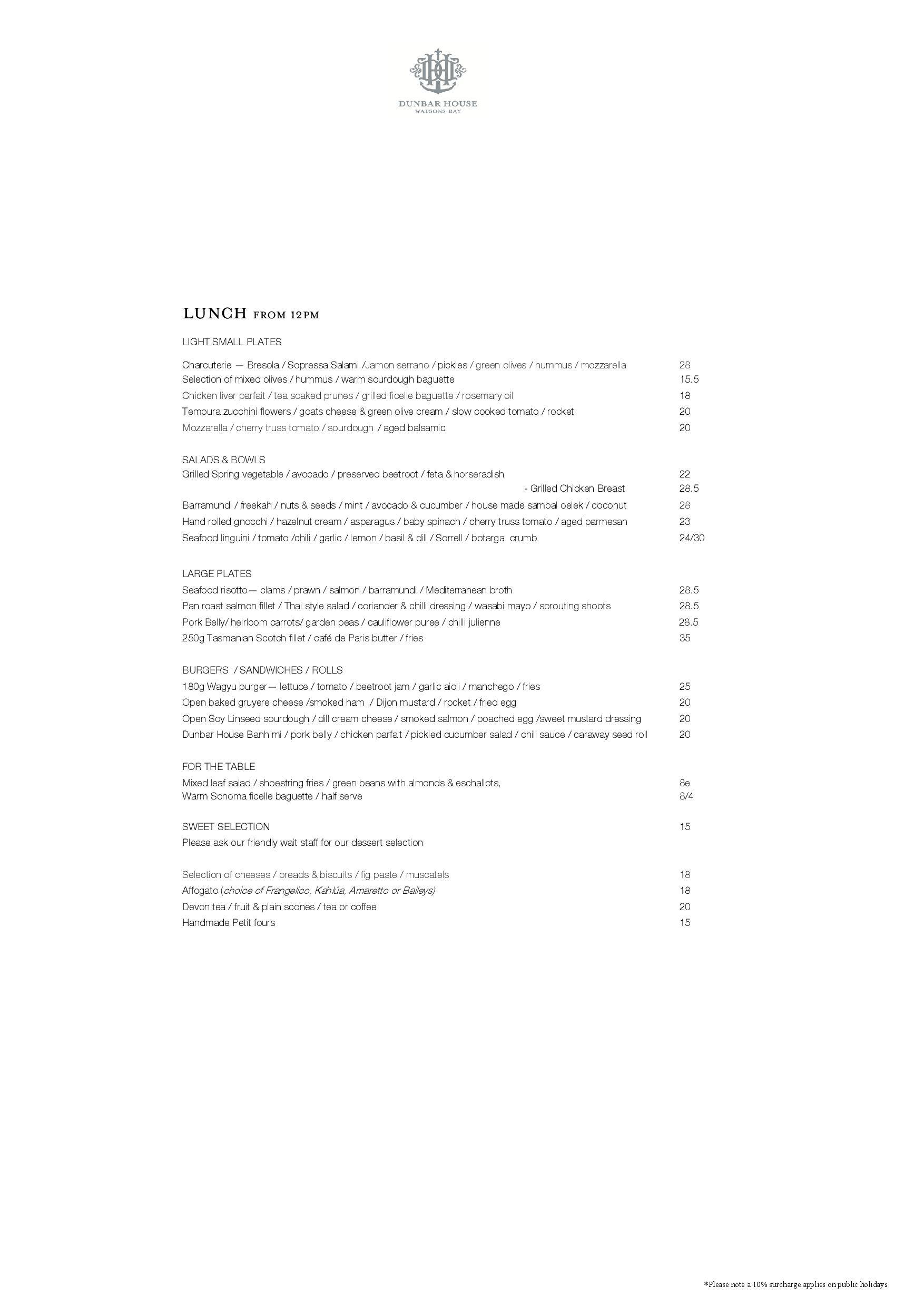Menu at Dunbar House, Watsons Bay