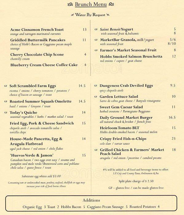 Menu at MarketBar, San Francisco, One Ferry Building