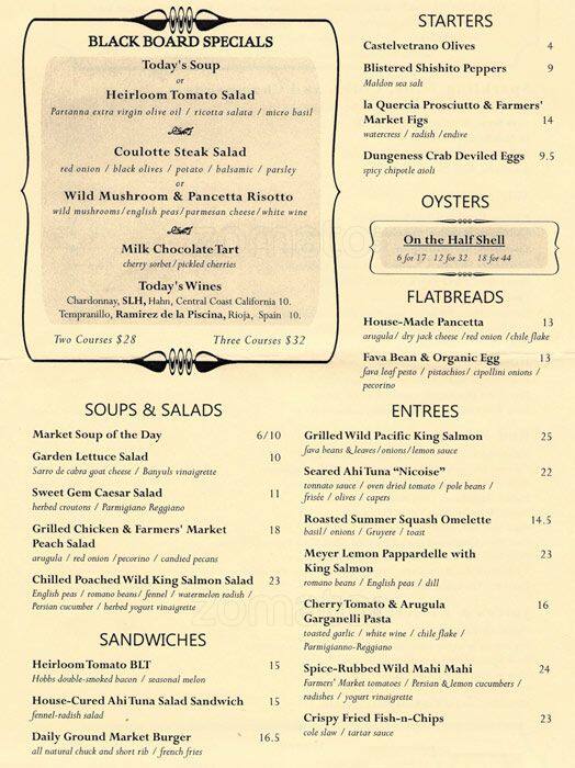 Menu at MarketBar, San Francisco, One Ferry Building