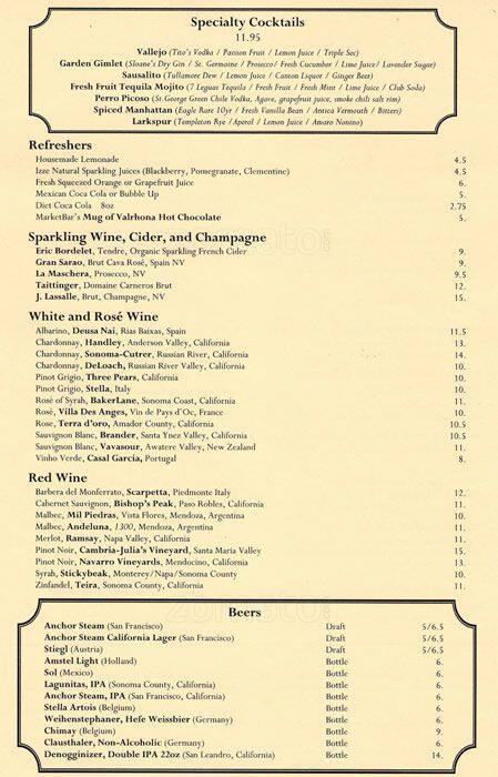 Menu at MarketBar, San Francisco, One Ferry Building