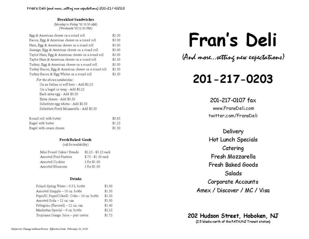 Fran's Italian Deli Menu, Menu for Fran's Italian Deli, Hoboken ...