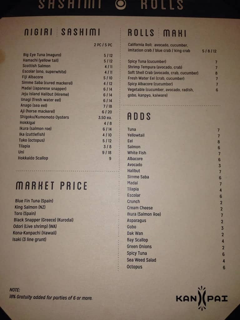 Menu at Kan Pai restaurant, Bakersfield