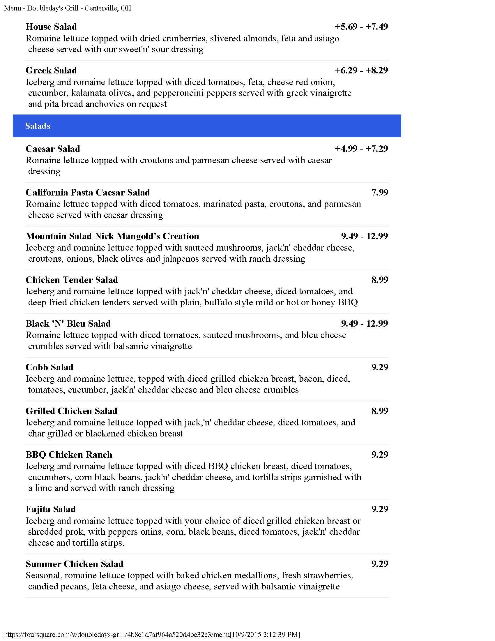 Menu at Doubleday's Grill pizzeria, Centerville