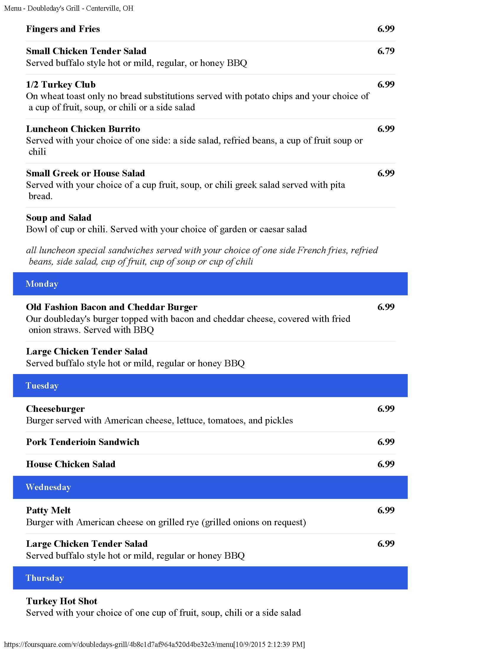 Menu at Doubleday's Grill pizzeria, Centerville