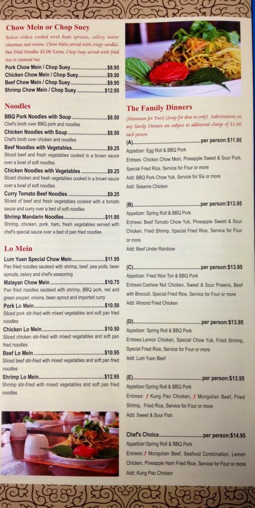 Menu at Lum Yuen restaurant, Albany