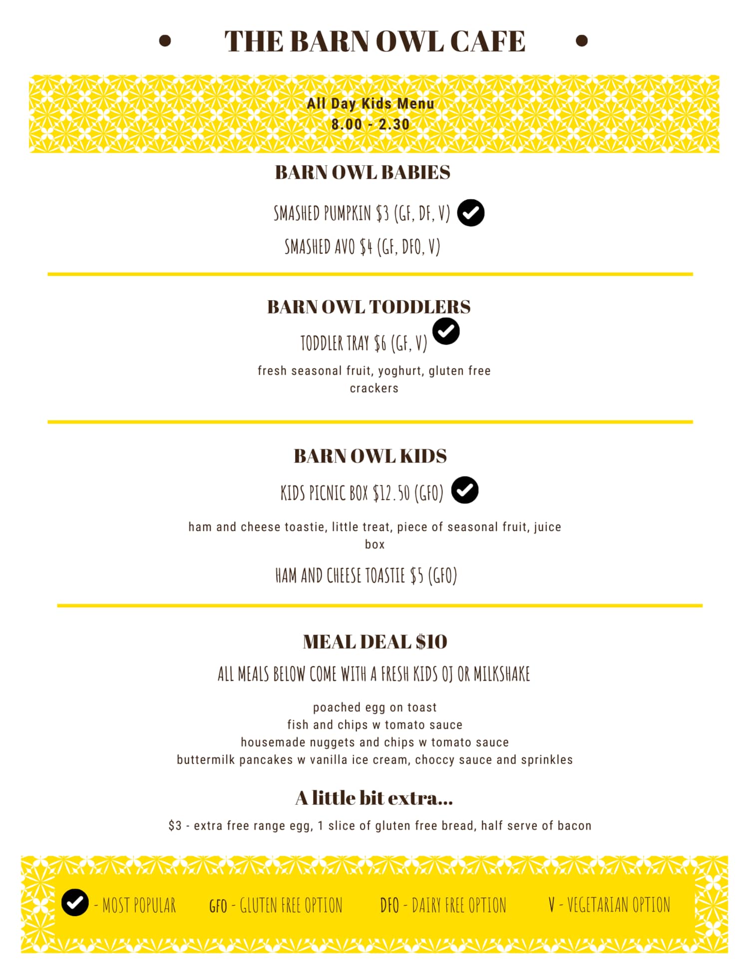 Menu at The Barn Owl, Silvan