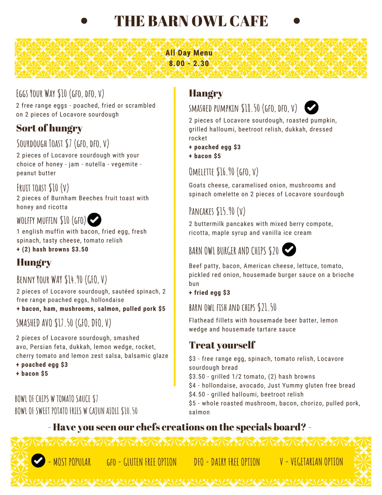 Menu at The Barn Owl, Silvan