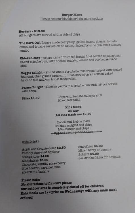 Menu at The Barn Owl, Silvan