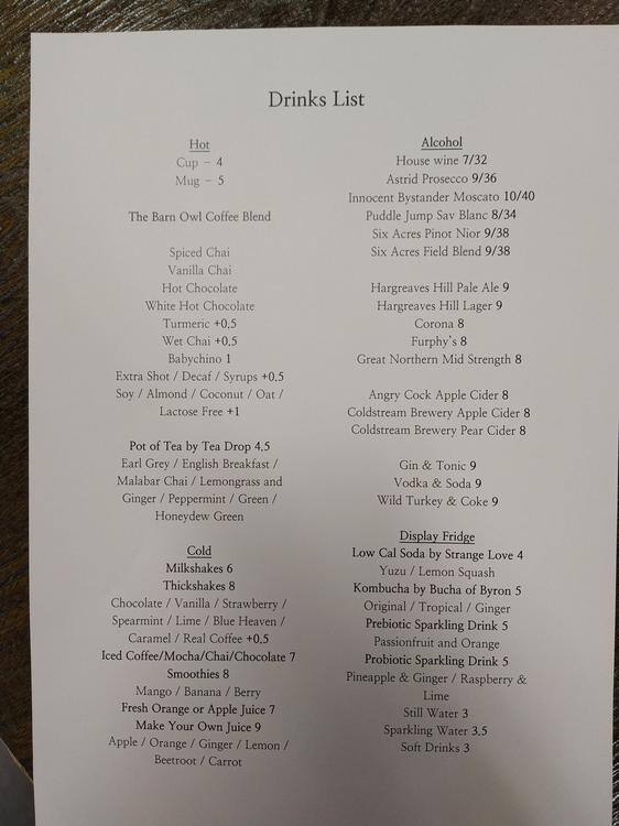 Menu at The Barn Owl, Silvan