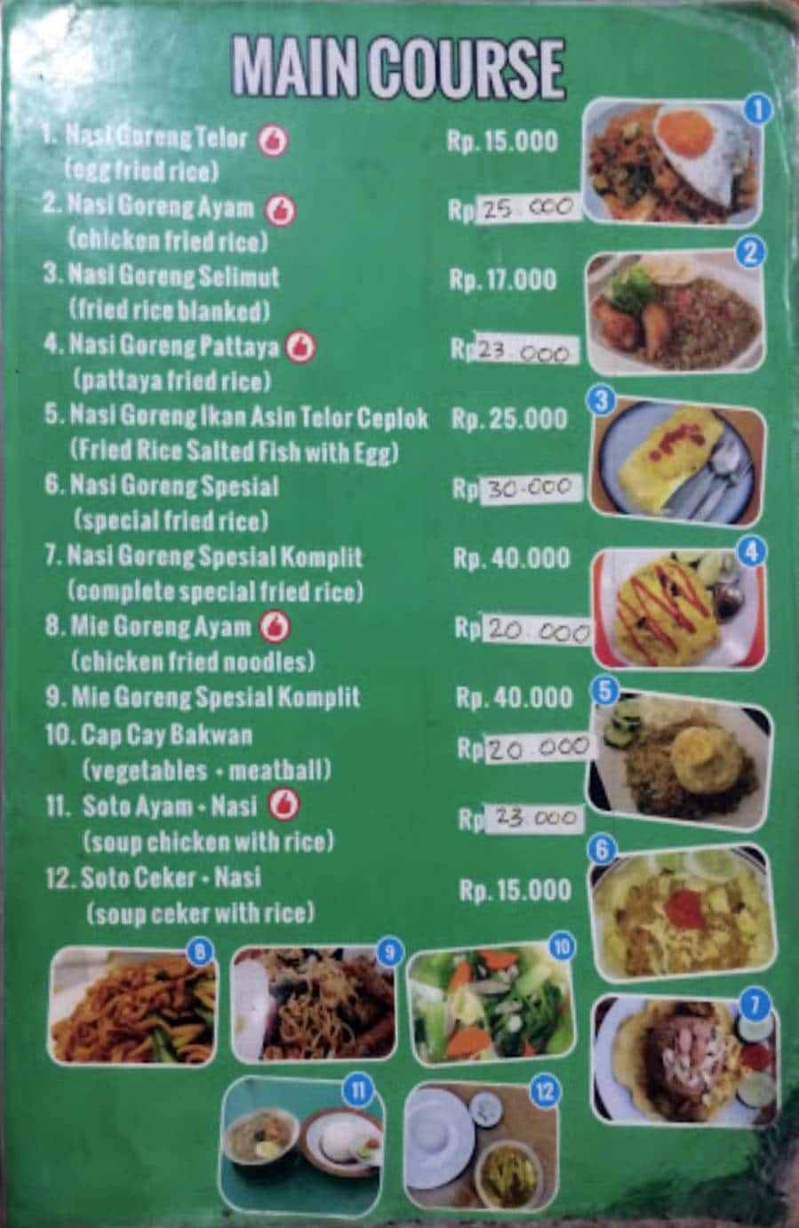 Menu at Teras Pantai restaurant, Kuta