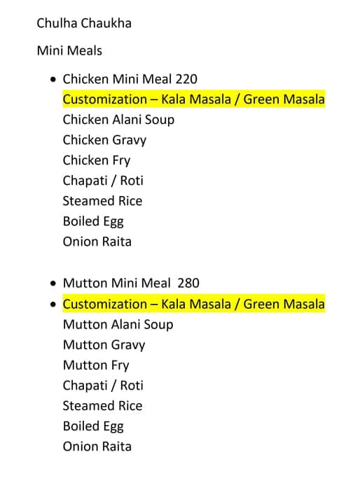 Menu of Chulha Chauka - The Maharashtrian Way, NIBM Road, Pune