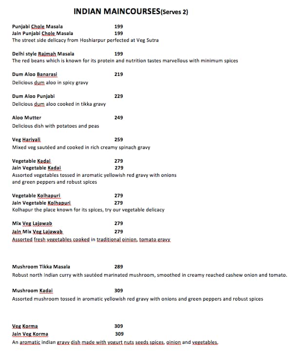 Menu at Veg Sutra Mahakali, Andheri East, Mumbai