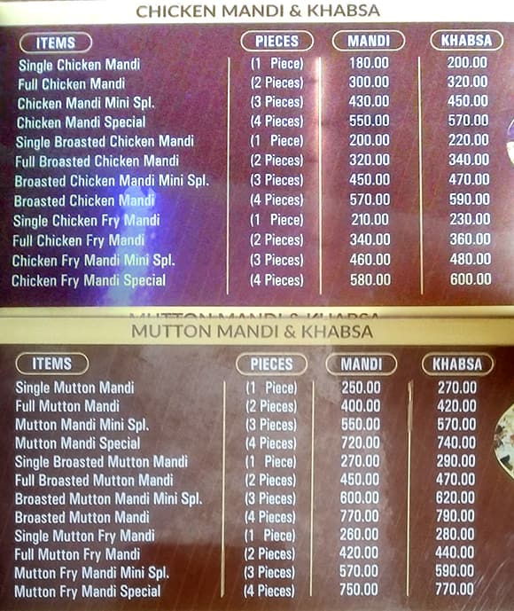 Menu of Mamu's Arabian Mandi, Moosapet, Hyderabad
