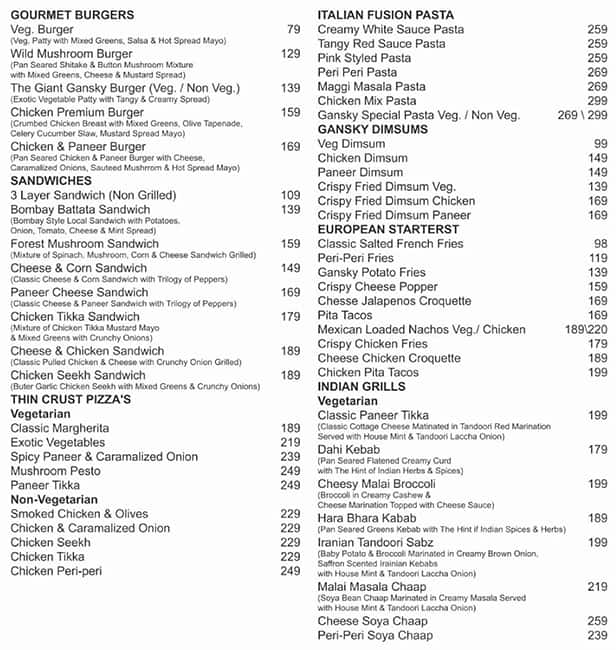 Menu of Cafe Gansky, Anand Vihar, New Delhi