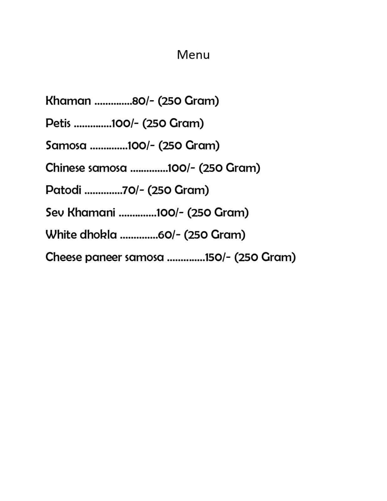 Menu of Khamang, Wakad, Pune