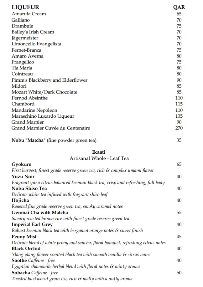Menu at Nobu - Four Seasons Hotel restaurant, Doha