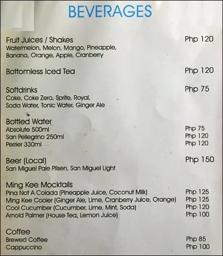 Menu at Ming Kee restaurant, Makati