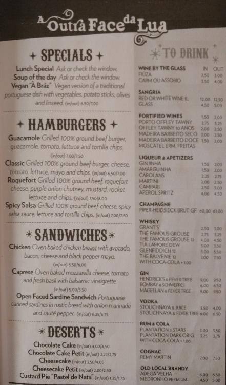Menu em A Outra Face da Lua café, Lisboa