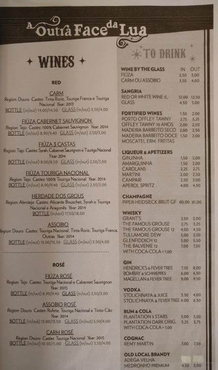 Menu em A Outra Face da Lua café, Lisboa