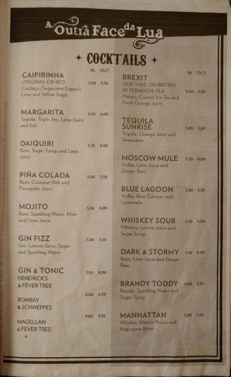 Menu em A Outra Face da Lua café, Lisboa