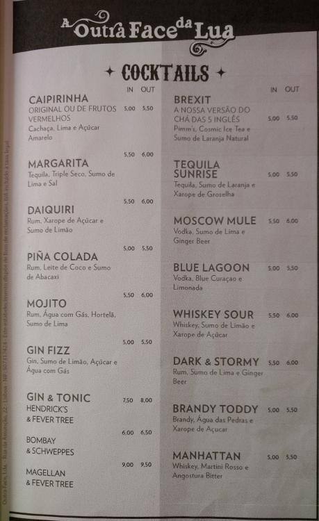 Menu em A Outra Face da Lua café, Lisboa