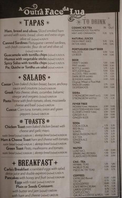 Menu em A Outra Face da Lua café, Lisboa
