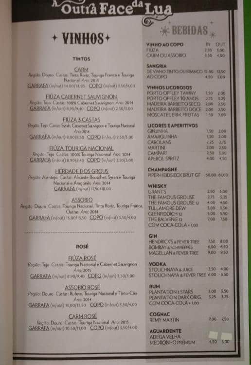 Menu em A Outra Face da Lua café, Lisboa