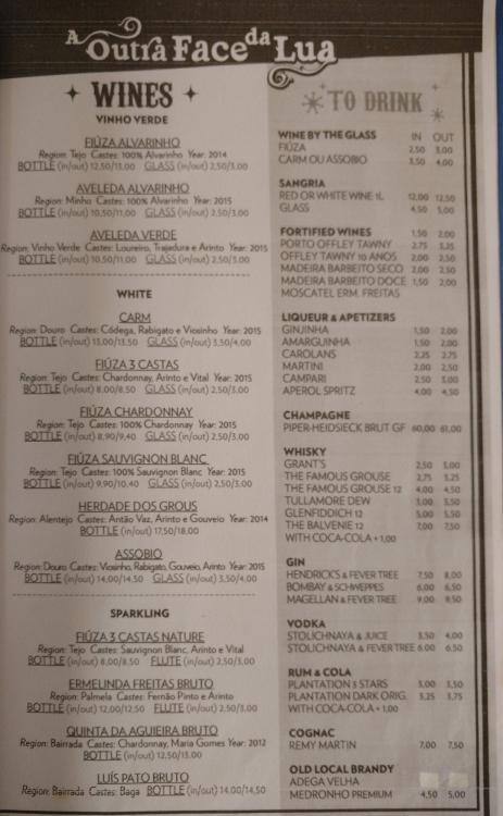 Menu em A Outra Face da Lua café, Lisboa