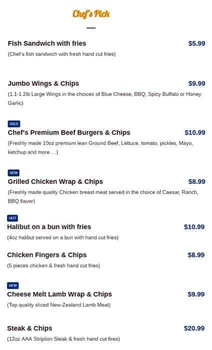 Menu at Port Union Fish & Chips restaurant, Toronto