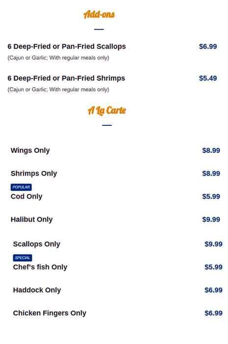 Menu at Port Union Fish & Chips restaurant, Toronto