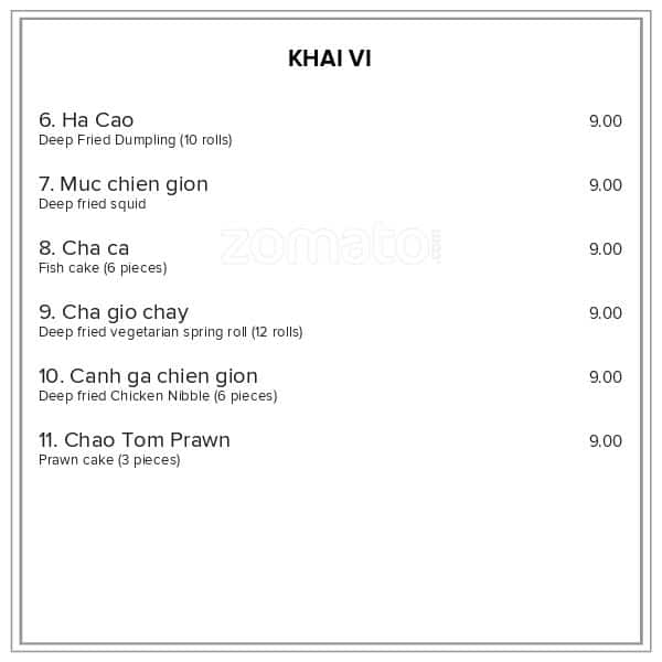 Menu at Hanoi, Queenstown