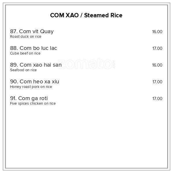 Menu at Hanoi, Queenstown