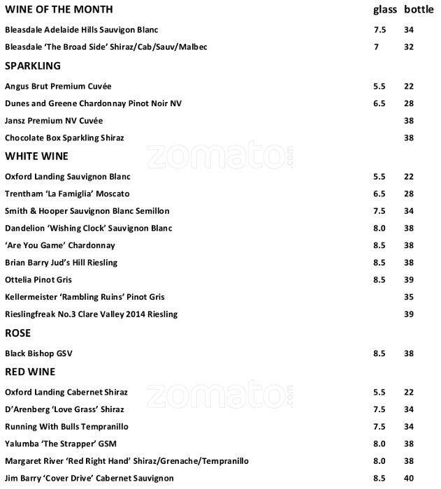 Menu at The Brunswick pub & bar, Adelaide