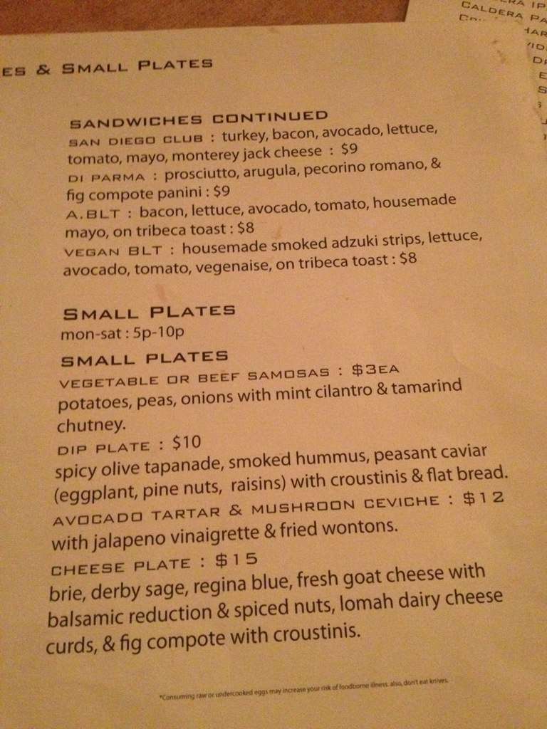 Menu at Chimera Cafe, Tulsa