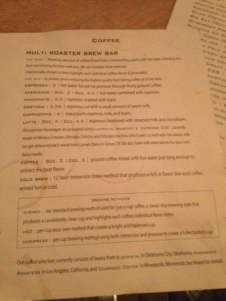 Menu at Chimera Cafe, Tulsa