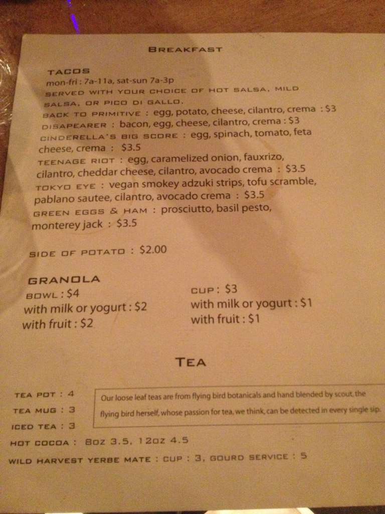 Menu at Chimera Cafe, Tulsa