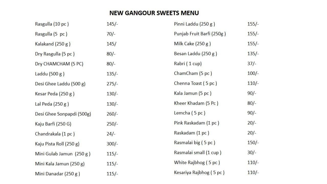 Menu of New Gangour Sweets, Sakchi, Jamshedpur