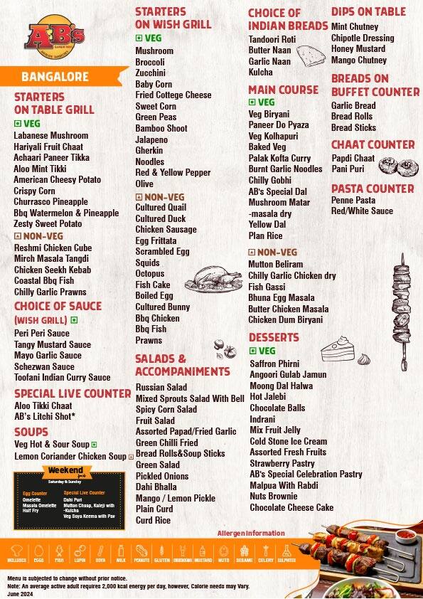 Menu of AB's - Absolute Barbecues, Yeshwantpur, Bangalore