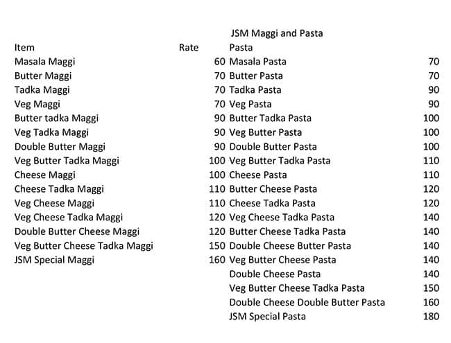 Menu of JSM Maggi And Pasta, Satellite, Ahmedabad